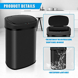 HGS 13 Gallons Trash Can Garbage Bin Stainless Steel Garbage Can Automatic Sensor Touch Free Waste Bins 50 L High-Capacity for Bathroom Bedroom Home Office, Black