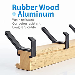 HANLIAN Coat Rack Wall Mount with Shelf, Hook Rail with 5 Sliding Double Hooks, Wood & Aluminum Entryway Coat Hooks Wall Mounted, Coat Hook Rail for Coat Hat Towel Robes (1 Pack, Black)