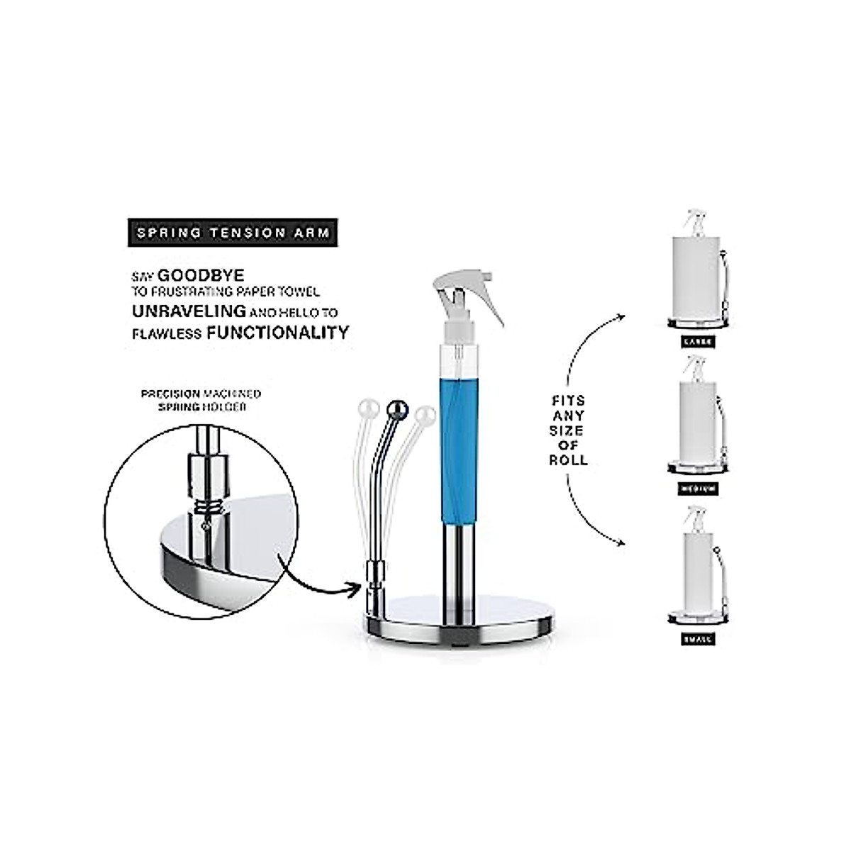 Paper Towel Holder with Spray Bottle by Elevated Essentials - Heavy Non Slip Weighted Stainless Steel Base for One Handed Operation - The Perfect Countertop Kitchen Paper Towel Holder