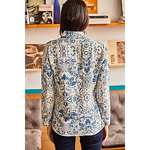 Blouses for Women Fashion, Casual Long Sleeve Button Down Shirts Tops (Blue Print, Medium)