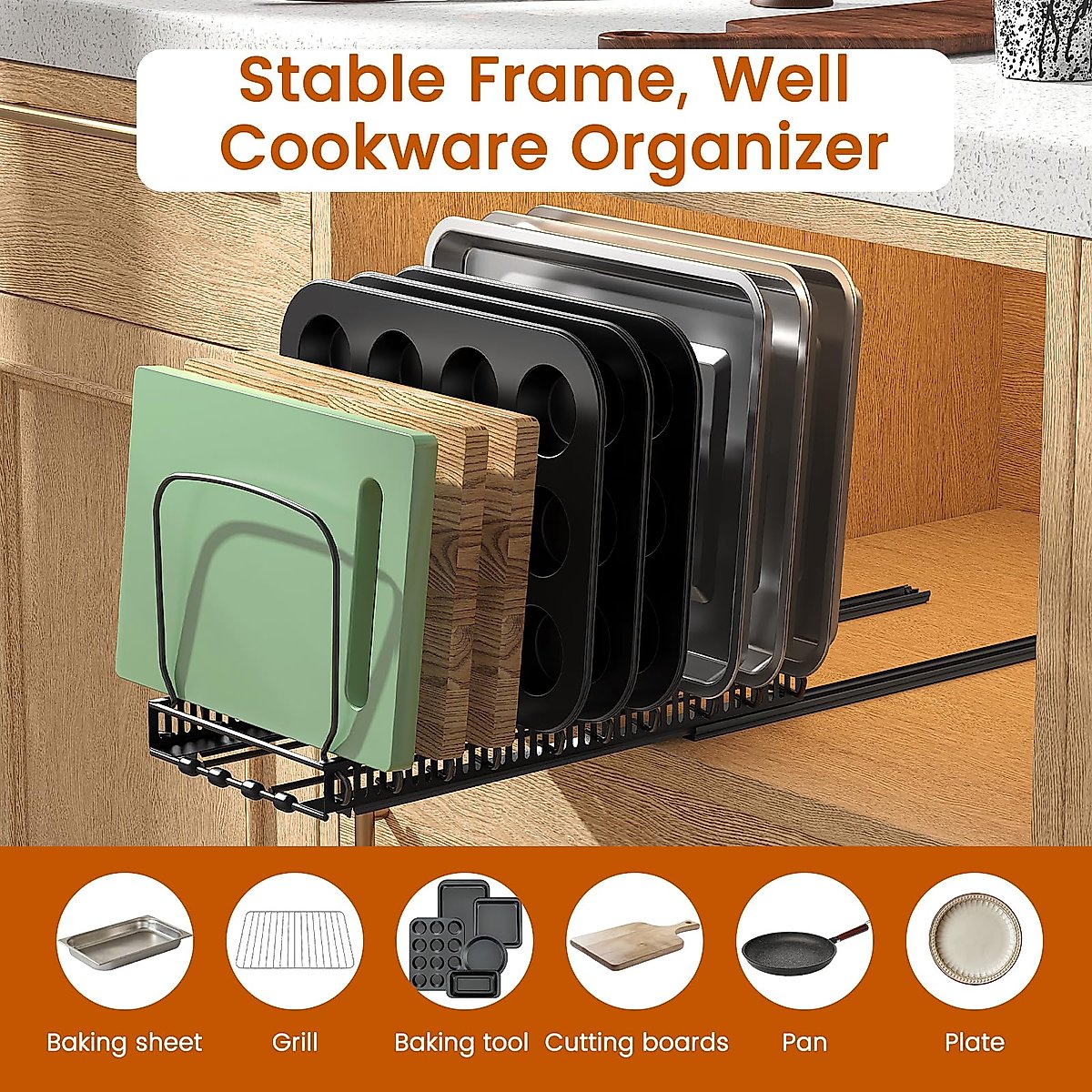 Housolution 1 Pack Pull Out Baking Tray and Cookie Sheet Organizer, Slide Out Cutting Board Organizer Rack with 10 Adjustable Dividers, Sliding Bakeware Muffin Tin Storage Organizer for Cabinet