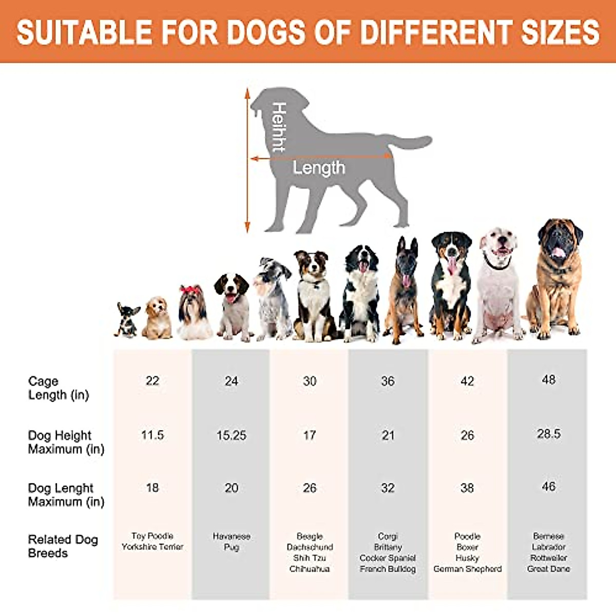 30/36/42Inches Double Door Dog Crate Folding Metal Wire Dog Kennel Cage with Tray for Small/Medium/Large Dogs Indoor Outdoor Travel Use