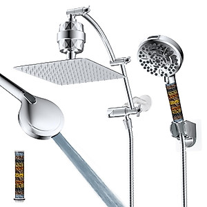 Hibbent All Metal 10'' Dual Filtered Rainfall Shower Head Combo, High Pressure Handheld Shower Head with 16'' Adjustable Arc Extension Arm, 20 Stage Shower Filter, 10-spray, 71'' Shower Hose, Chrome