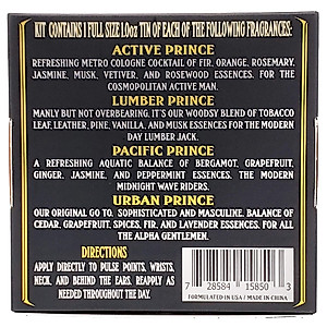 Premium Prince Solid Cologne 1 oz Variety Gift Set Alcohol Free Natural Concentrated Full Size Travel Friendly Tins Men's Fragrance 4 Manly Scents to Satisfy all Types of Viking Cannon Black Prime