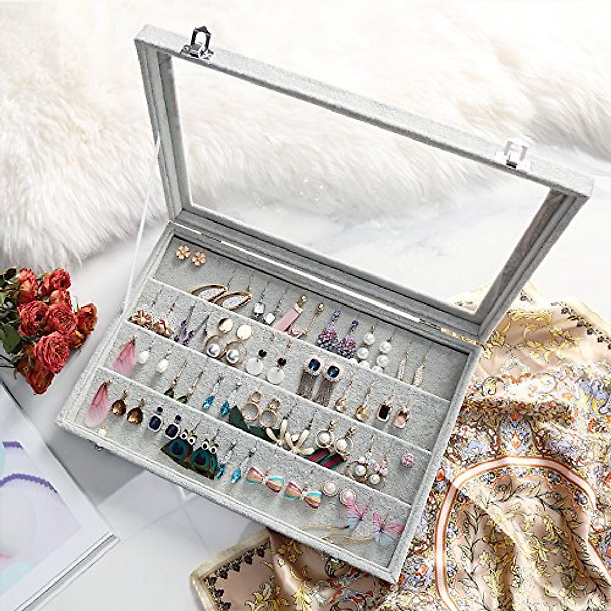 Wudygirl Velvet Clear Lid Earring Box Organizer Storage 32 Pairs Earrings Stud Tray Showcase Display Case（Earring Storage）