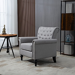 Gecheer Mid-Century Modern Accent Chair, Linen Armchair w/Tufted Back/Wood Legs, Upholstered Lounge Arm Chair Single Sofa for Living Room Bedroom, Light Grey