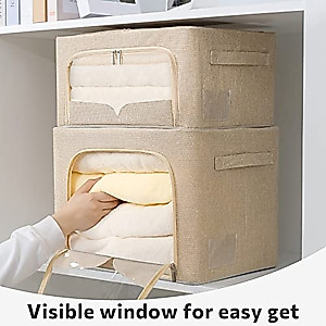 3 Pack Clothes Storage Bins - Foldable Metal Frame Storage Box - Stackable Linen Fabric Organizer Set with Carrying Handles and Clear Window (Beige, 15.7x11.8x11.8inch(36L))