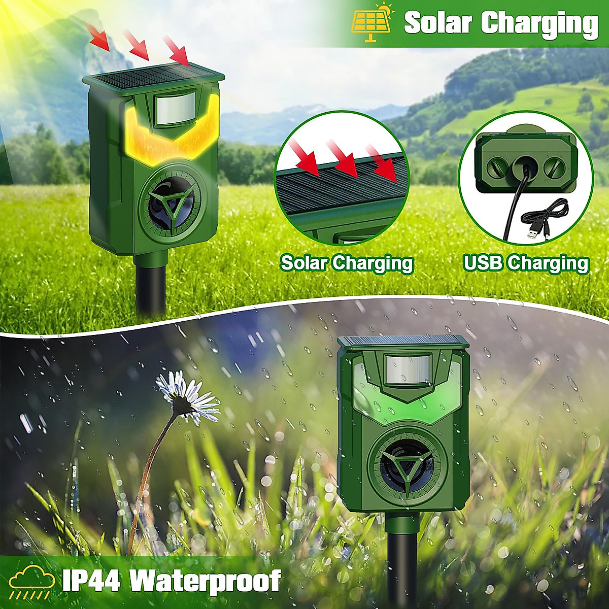 Ultrasonic Animal Repeller, 2023 New Solar Powered Cat Repellent Outdoor with Flame Light Flicker, 5 Modes Waterproof Dog Deterrent Repel Dogs,Cat, Bird,Squirrels,Raccoon,Rabbit,Fox for Garden Yard