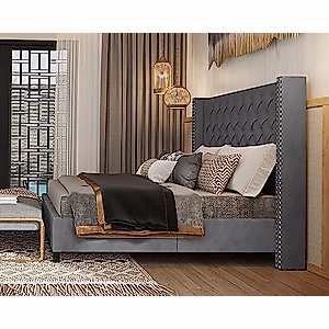 PaPaJet King Bed Frame Velvet Upholstered Bed with Deep Button Tufted/No Box Spring Needed/Easy Assembly/Dark Grey