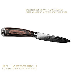 KESSAKU Utility Knife - 5.5 inch - Samurai Series - Razor Sharp Kitchen Knife - Forged 7Cr17MoV High Carbon Stainless Steel - Wood Handle with Blade Guard