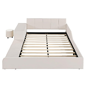 Full Size Multi-Functional Design Upholstered Grounded Bed, Velvet Upholstered Platform Bed, Mother & Child Bed with Bedside Desk and Little Round Stool for Kids Boys Girls (Beige-119)