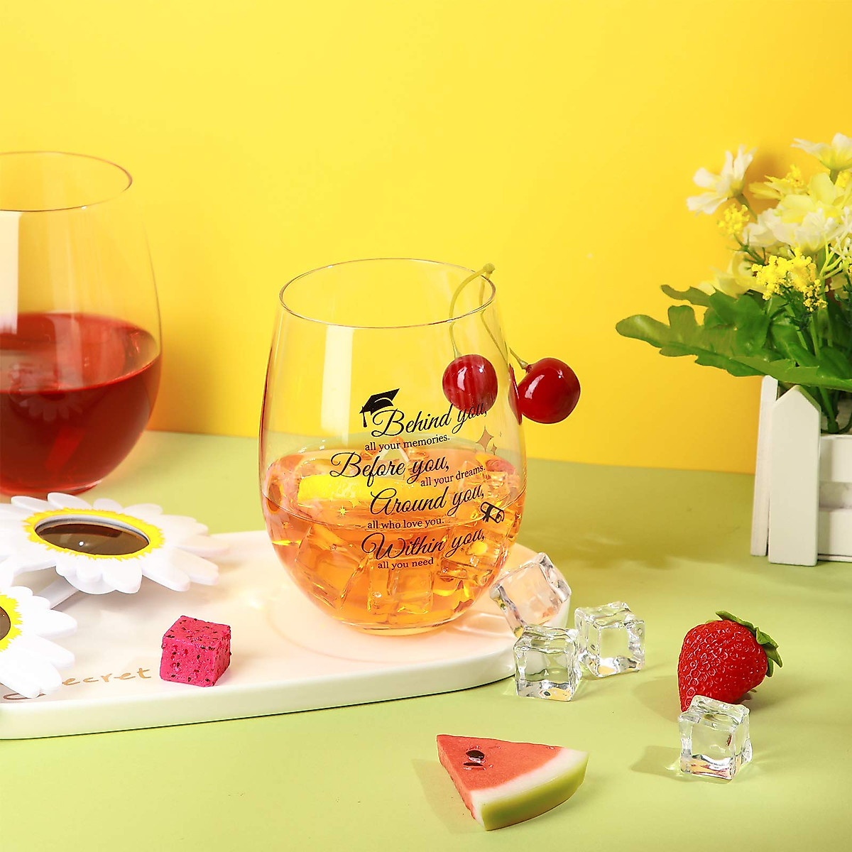 Patelai 2024 Inspirational Graduation Gift for Him or Her, Behind You All Memories Before You All Your Dream Stemless Wine Glass for 2024 College Graduate, 17 oz Wine Glass for Graduation Birthday