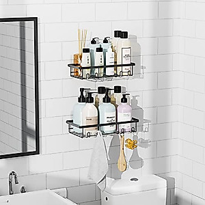 Tivisir Shower Caddy 4-Pack,Bathroom Storage Rack with Hook,Adhesive Shower Organizer ＆Drilling, Shower Organizer with Toothbrush Holder with Soap Rack,Rustproof Stainless Steel Shower Shelf (Black)