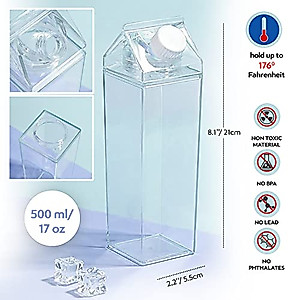 DynastyEdition-5Pack Clear Acrylic BPA free Milk CartonBottles-500ML. Reusable Leakproof Creative & Portable Transparent Square Shaped Top for Fun Outdoor Sports Travel Camping and School Activities.