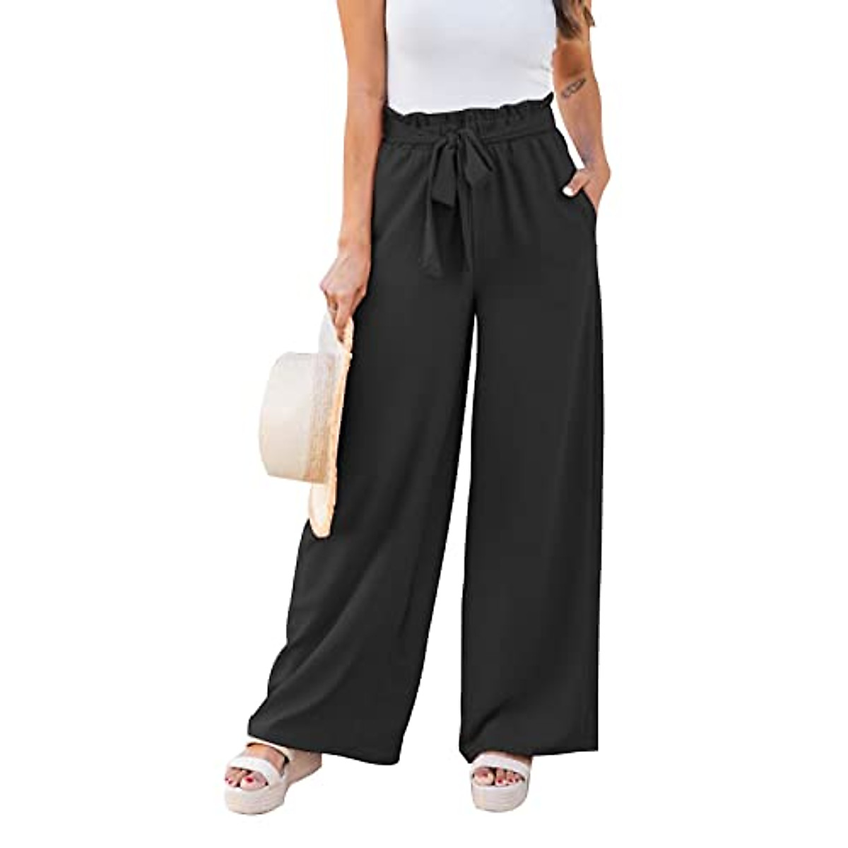 NIMIN High Waisted Wide Leg Pants for Women Comfy Dress Pants Loose Business Casual Pants Flowy Summer Beach Pants with Pockets Balck Large Black