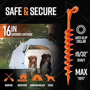 GROUNDGRABBA Lite Orange Tent Stakes - Tent Stakes for Sand | Screw in Earth Ground Anchors for Maximum Grip and Longevity in Soft Surfaces - 4 Pack