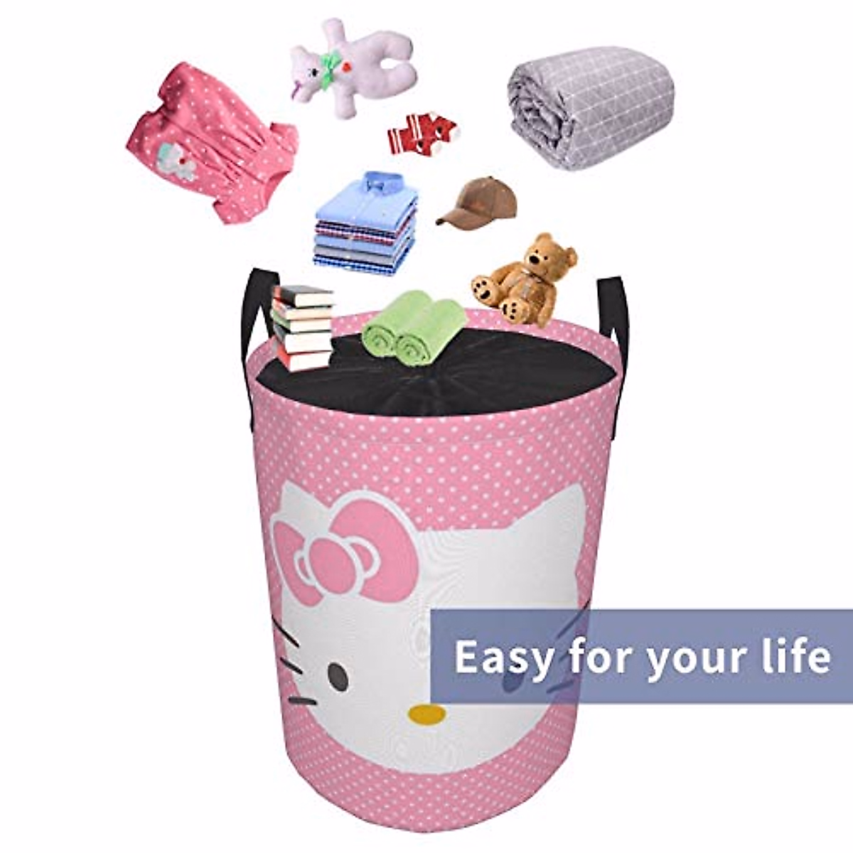 ZHANGJQ Pink Hello Kitty Laundry Hamper Laundrys Basket Large Waterproof Drawstring Foldable with Handles 48L Round Storage Bag,Bathroom/Bedroom/Dorm