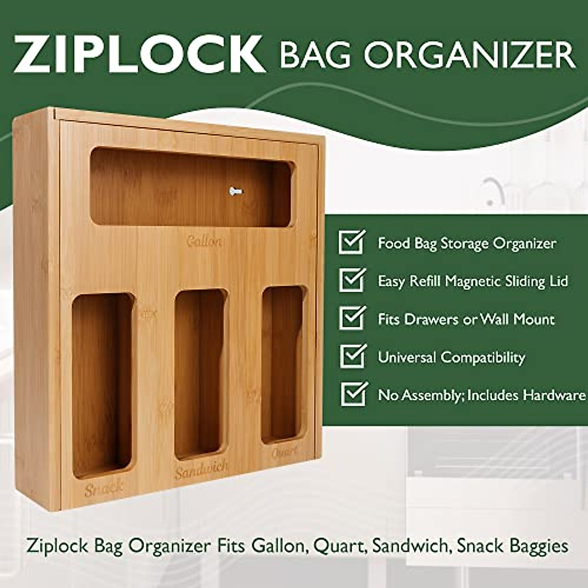 Ziplock Bag Storage Organizer for Kitchen Drawer - Bamboo Zip Lock Plastic Baggy Dispenser - Magnetic Sliding Lid for Easy Refill - Ziplock Bag Organizer Fits Gallon, Quart, Sandwich, Snack Baggies