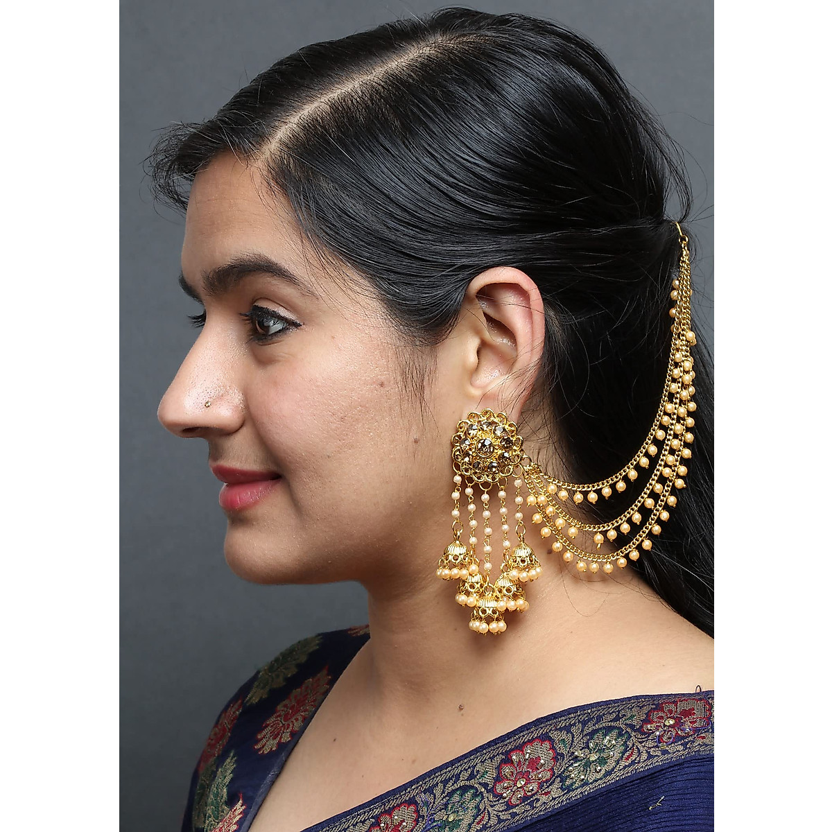 Bindhani Indian Bahubali Style Long Tassel With Multiple Small Jhumki Earring & Back Hair Chain For Women