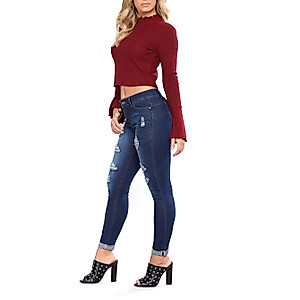 Women's High Waisted Stretch Ripped Skinny Jeans Juniors Destroyed Butt Lifting Denim Pants (Blue, US 10)