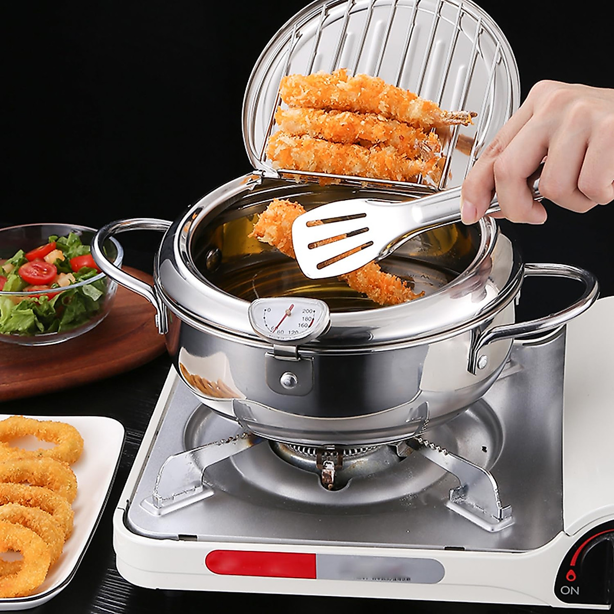 Deep Fryer Pot 304 Stainless Steel Japanese Frying Pot 3.4L/9.4 Inch Tempura Frying Pot with Lid, with Temperature Control Oil Drip Drainer Rack for Fried Chicken, Shrimp, French Chips dip