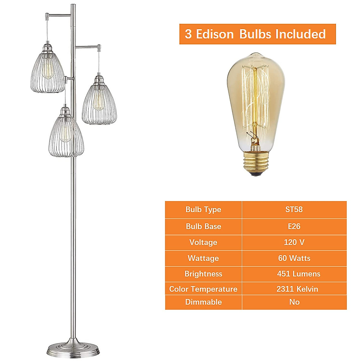 Floor Lamp, Industrial Rustic Standing Lamp with 3 Elegant Teardrop Cage Shade, Modern Tall Floor Lamps for Living Room with 3 Edison Bulbs, Minimalist Pole Floor Light for Home Office - Chrome