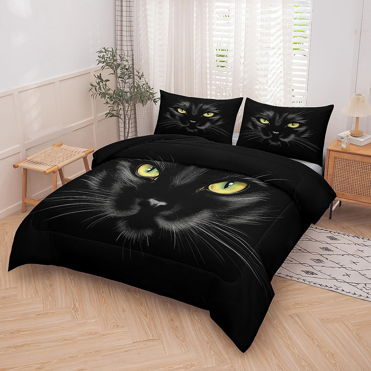 Peopleareok Black Cat Bedding King, Cute Cat Comforter for Girls Boys Kids, Soft and Lightweight Cat Comforter Set with 2 Pillowcases for All Season