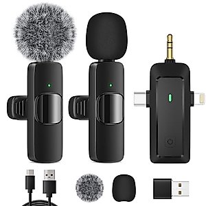 HMKCH Wireless Lavalier Microphone for iPhone - Android Phone/Camera/Computer/Laptop, Professional Dual Lapel Mic with USB-C/3.5mm/USB Plug for Video Recording, Vlog, YouTube, TikTok