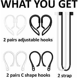 A-Focus 【 Anti-Slip Kit 】 for AirPods Pro 2 and Pro, Ergonomic 360 Degrees Rotation Adjustable Ear Hooks & Strap Non Slip Sport Wing Holder Compatible with New AirPods 3 2 & 1 [6 in 1] Black White