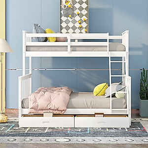Harper&Bright Designs Twin-Over-Full Bunk Bed with Ladders and Two Storage Drawers,Space-Saving Design,White