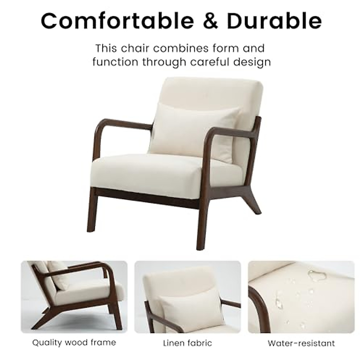 Unovivy Mid-Century Modern Accent, Upholstered Lounge Armchair with Wood Frame Thick Padded Backrest & Seat Cushion, Single Sofa Chair for Living, Bedroom, Reading Room, ‎30" Depth, White