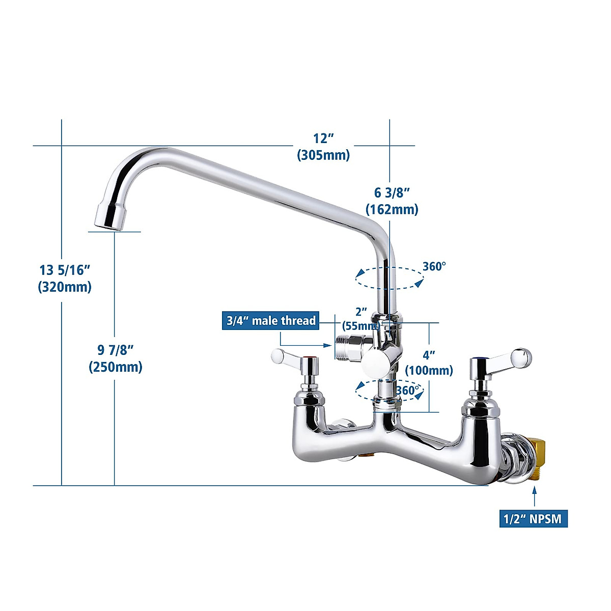 MaxSen Commercial Sink Faucet Wall Mount 8 Inch Adjustable Center with 3/4'' Gargen Hose End,Commercial Kitchen Faucet with 12" Swivel Spout fit for 1,2,3 Restraurant Compartment Sink.