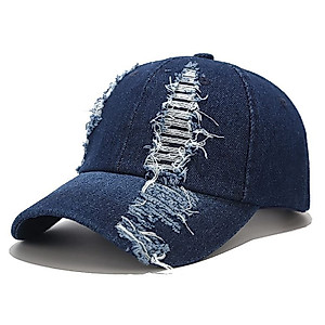XYIYI Denim Dark Blue Vintage Washed Distressed Baseball Cap Adjustable Cotton Jean Dad Hat for Women Mens