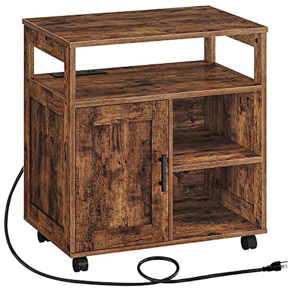 HOOBRO Printer Stand with Charging Station, Rolling Wood Storage Cabinet on Wheels, Printer Cart Table on Wheels for Home Office Rustic Brown FG60UPS01