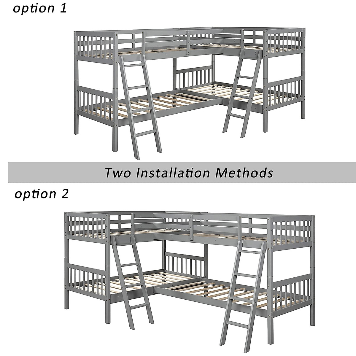 P PURLOVE Twin Over Twin Bunk Bed, L-Shaped Twin Size Bunk Bed Frame Wood Slat Support No Box Spring Needed (Gray)