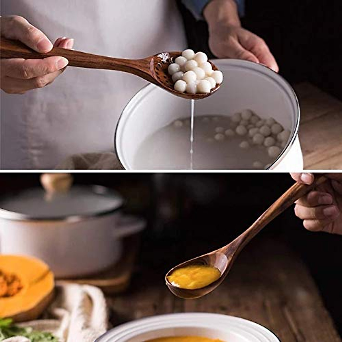 LMMDP Wooden Utensils Set of 6, Large Kitchen Cooking Utensil for Non Stick Cookware, Natural Teak Wood Spoons Spatula Ladle Colander