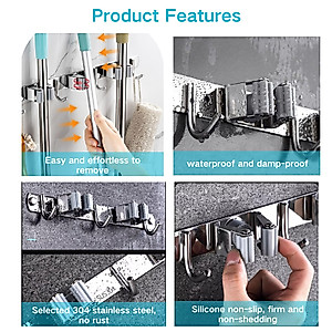 CasaVibe Wall mounted broom and mop holder, no-punch self-adhesive stainless steel heavy duty broom holder for kitchen, garden, laundry and garage (3 racks 4 hooks)