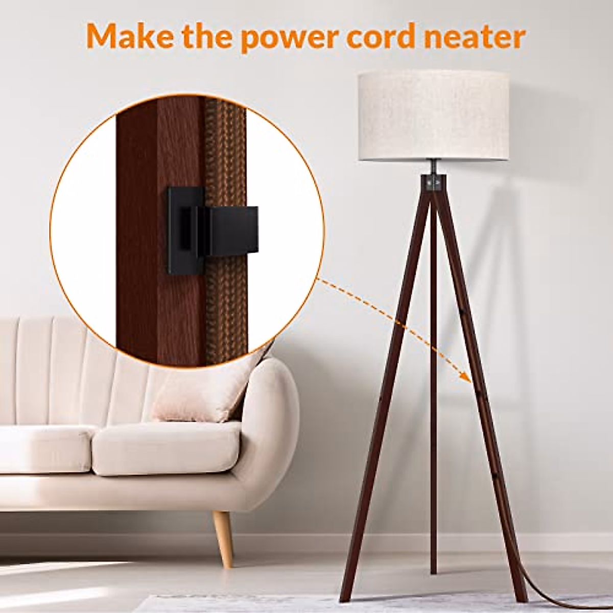 LEPOWER Wood Tripod Floor Lamp, Mid Century Standing Reading Light for Living Room, Bedroom, Study Room and Office, Modern Design, Flaxen Shade with E26 Base (Walnut)