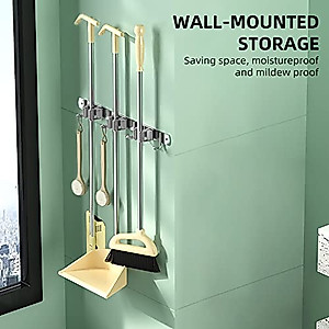 dsfen 2 Pcs Broom Holder Wall Mount Stainless Steel Mop Holder Broom Hanger Heavy Duty Broom Holder for Laundry Room Garden Garage Bathroom (3 Racks 4 Hooks)