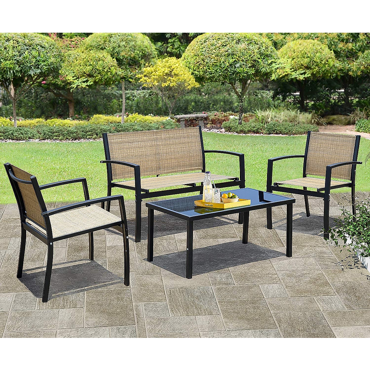 JUMMICO 4 Pieces Patio Furniture Set Modern Conversation Set Outdoor Garden Patio Bistro Set with Glass Coffee Table for Home, Porch, Lawn (Yellow)