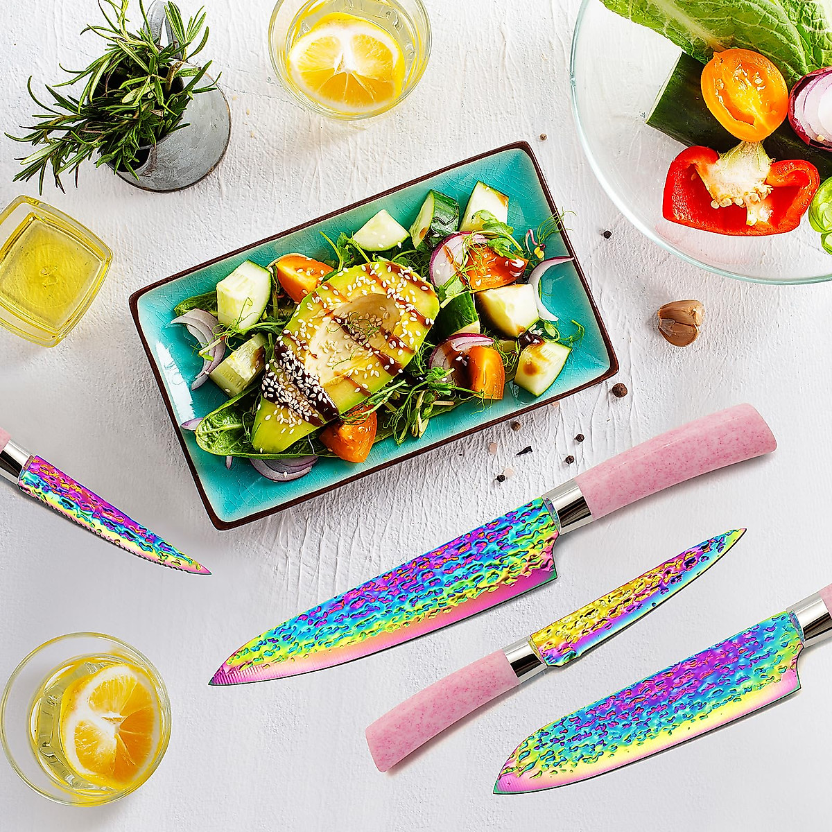 Rainbow Kitchen Knife Set Non Stick Knives with Wood Storage, Serrated Steak Knife, Chef Knife, Scissors with Built-in Sharpener, 14Pcs Ultra-Sharp Cutlery Block Sets for Home & Pro Use Best Gift