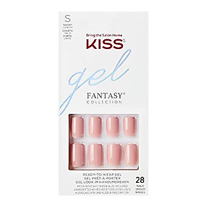 KISS Gel Fantasy Ready-to-Wear Press-On Gel Nails, “Ribbons”, Short, Pink, Nail Kit with 24 Mega Adhesive Tabs, Pink Gel Glue, Manicure Stick, Mini File, and 28 Fake Nails