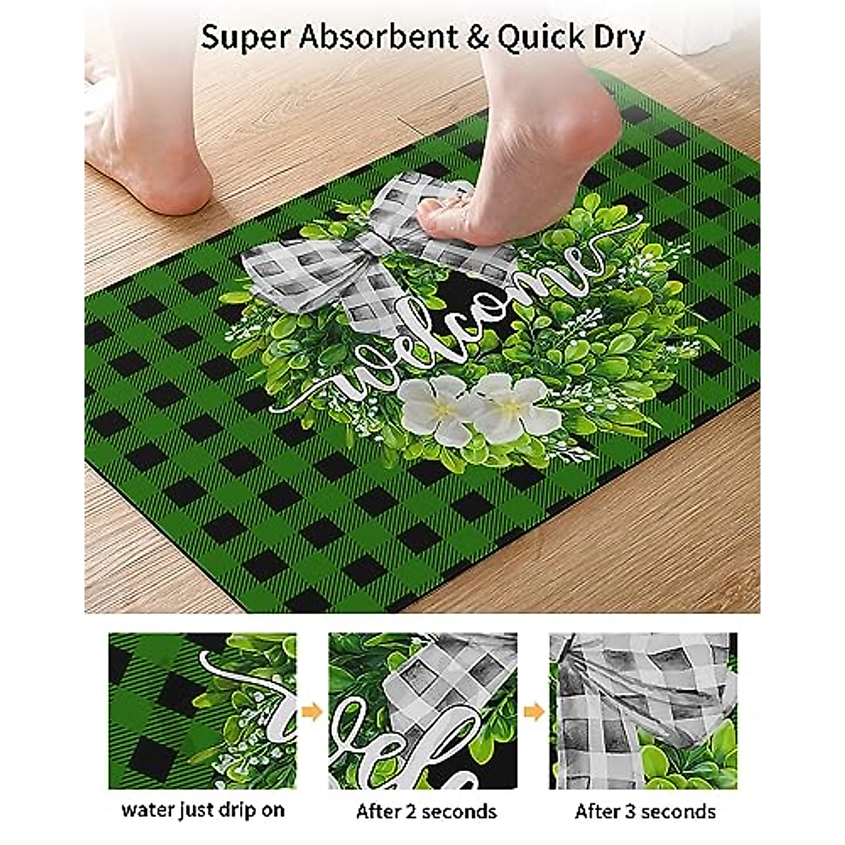 Green Plaid Bath Mat for Tub,Non Slip Bathroom Floor Runner Rug Quick Dry & Absorbent Diatomaceous Earth Kitchen Room Shower Sink Washable Doormat,Country Leaves Flower Plaid Grey Garland 16"x24"