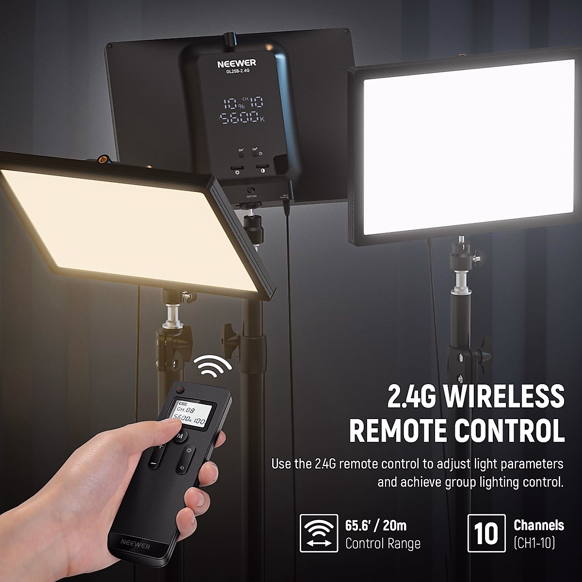 NEEWER GL25B 12.9" Streaming Key Light, 2.4G RT100 Remote & PC/Mac APP Control 25W 2300Lux/0.5m 2900K–7000K CRI98+ Dimmable Edge Emitting Silent Webcam Video Light with Desk Stand & USB Transmitter