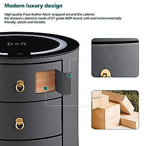 CLIPOP Modern Nightstand with 3 Drawers, Smart Nightstands with Wireless Charging Station, Adjustable Led Light, Faux Leather Surface Bedside Table No Assembly, Dark Grey