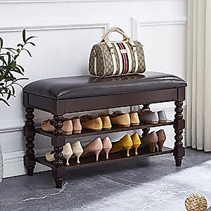LKZ Shoe Storage Bench Wooden Shoe Rack with Leather Seat Shoe Benches for Bedroom, Living Room, Hallway, Entryway (39.4'')