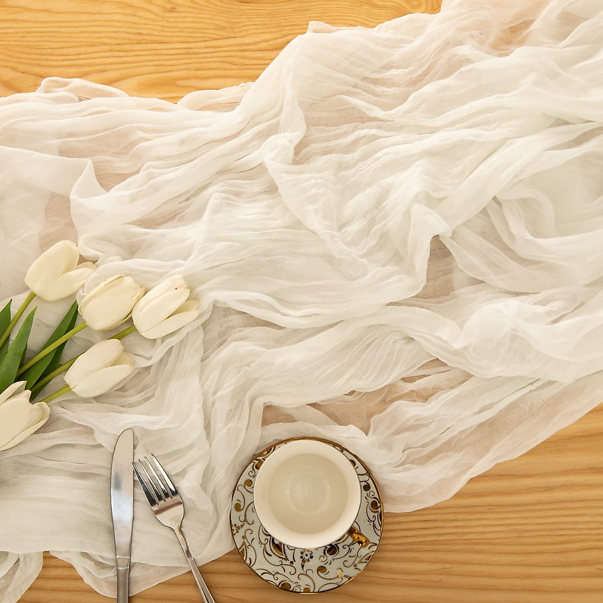8 Pack 10Ft Cheesecloth Table Runner 35x120 Inch Boho Gauze Table Runner Rustic Cheese Cloth Long Table Runner Romantic Table Runner for Wedding Bridal Shower Birthday Party Table Decor (White)