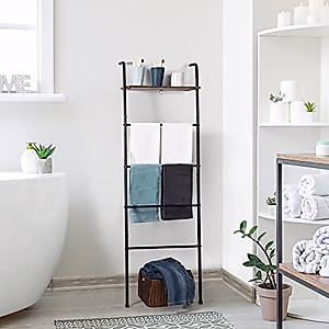 CADUKE Blanket Ladder Towel Ladder for Bathroom Blanket Ladder with Shelf Ladder Blanket Holder for Living Room Farmhouse 5-Tier Wall-Leaning Ladder Shelf Metal Quilt Rack, Black and Brown