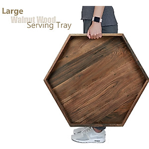 MAGIGO 26 x 22 Inches Extra Large Hexagonal Black Walnut Wood Ottoman Tray with Handles, Serve Tea, Coffee, Classic Hexagon Wooden Decorative Serving Tray