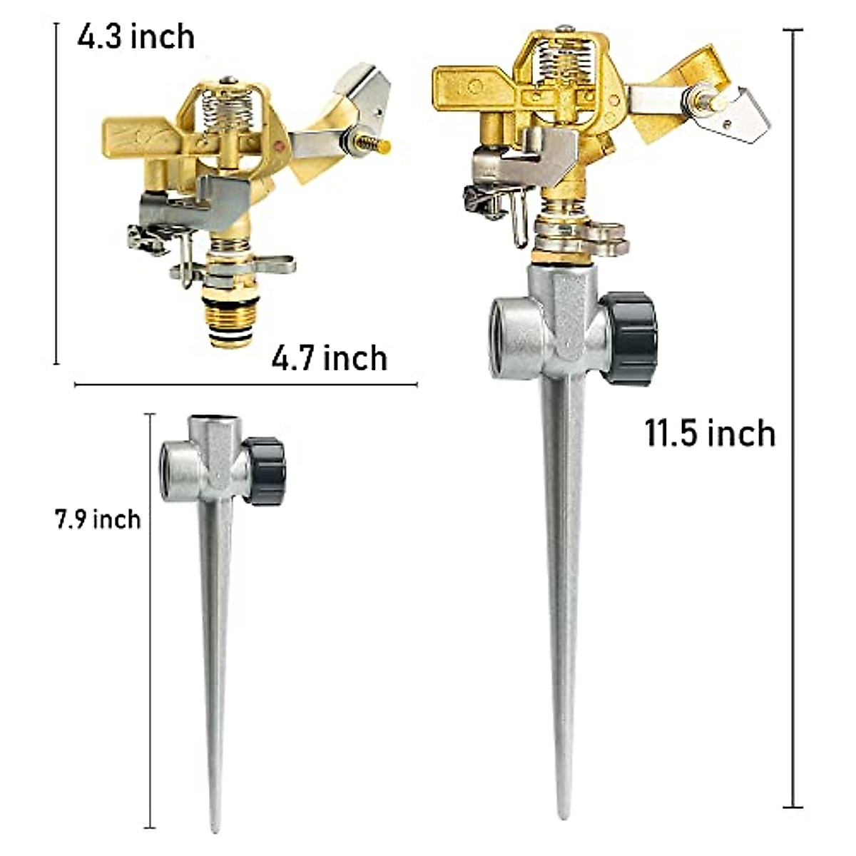 Hourleey 2 Pack Brass Impact Lawn Sprinklers for Yard, Heavy Duty Adjustable Pulsating Water Sprinkler Head with Aluminum Alloy Spike Base for Large Area Patio Garden